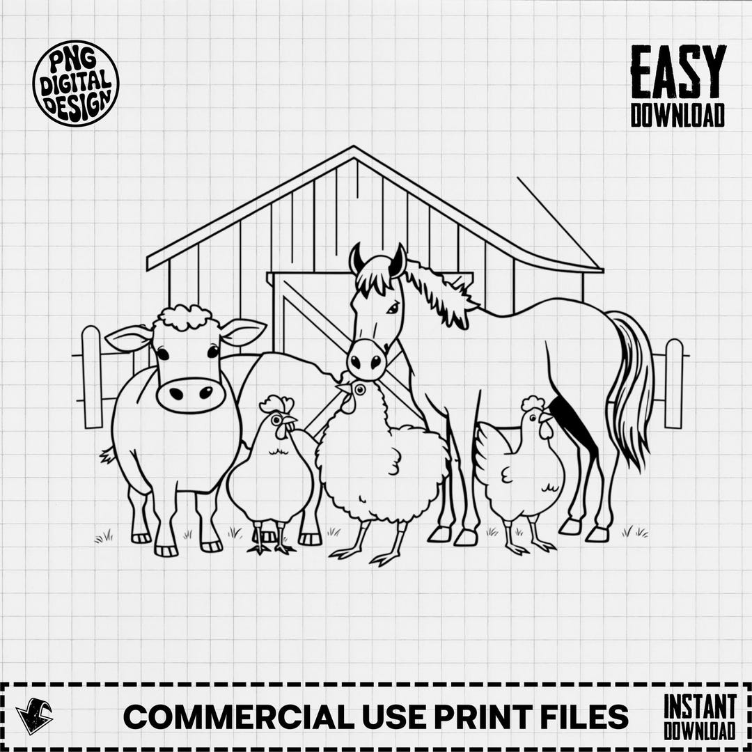 Farm Animals Coloring Page: Cow, Horse, Chicken, Barn (PNG, JPG, PDF ...