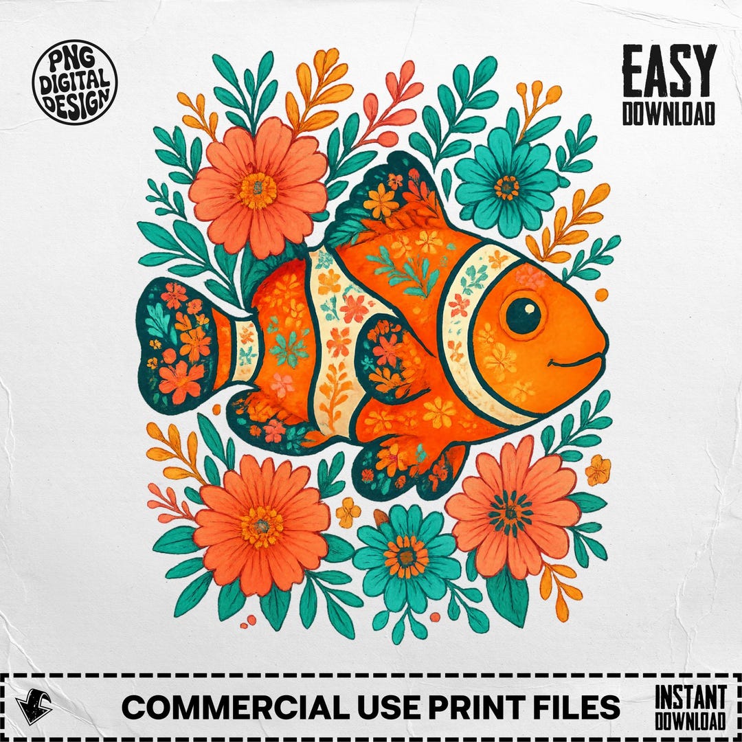 Floral Clownfish PNG: Boho Fish Clipart for Sublimation (digital ...