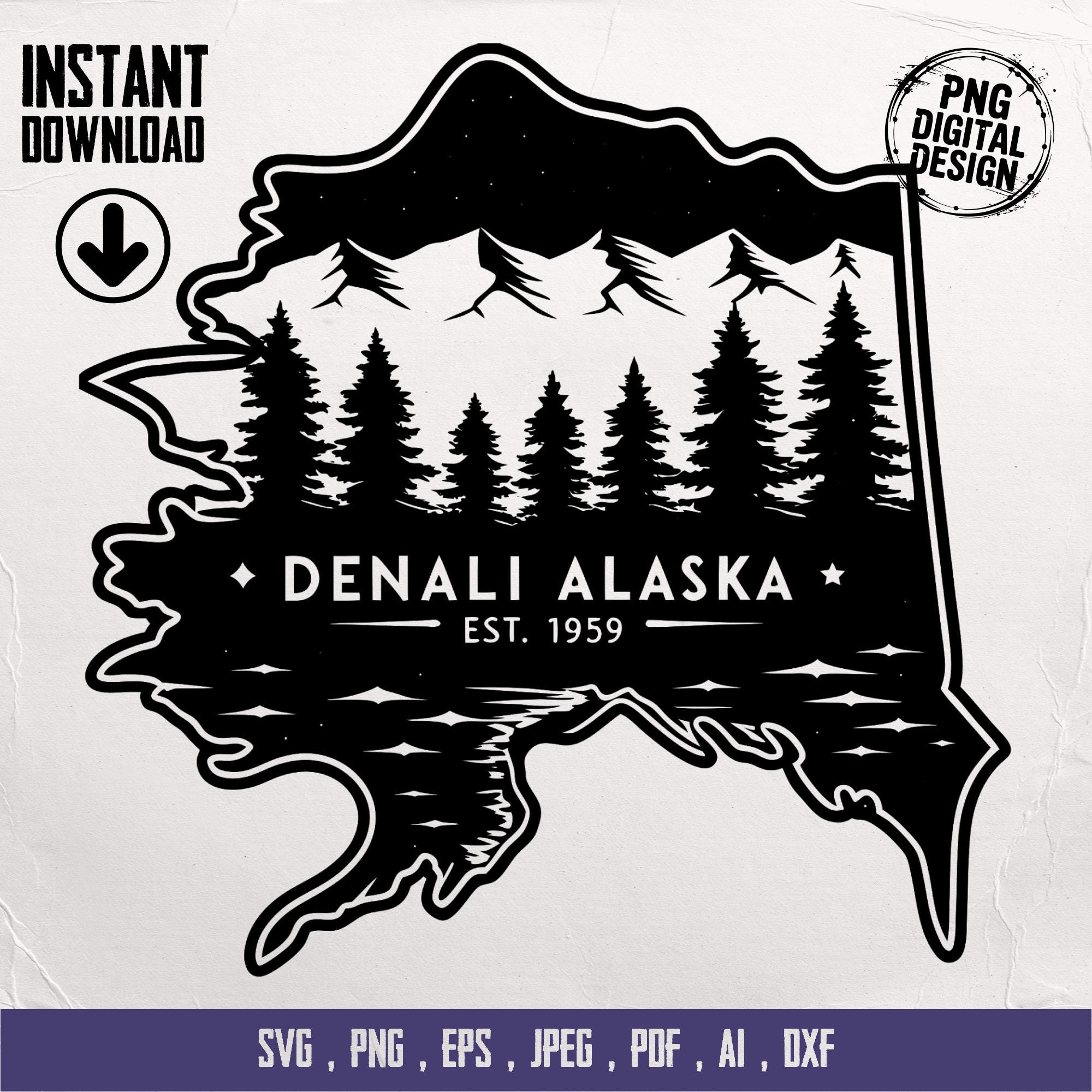 Denali Alaska Outline Art: Mountains & Trees - SVG, PNG, PDF - Etsy