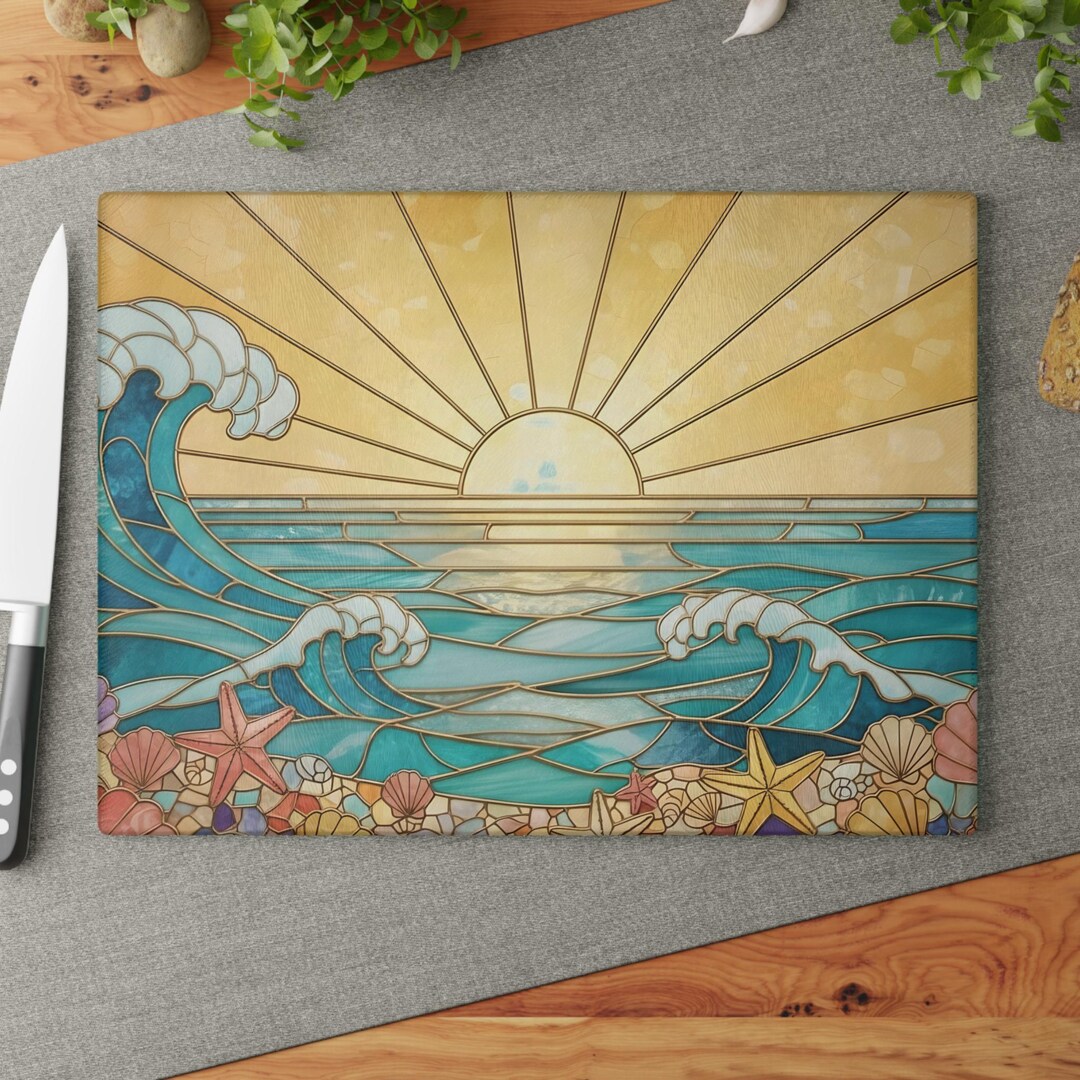 Beach Sunset Stained Glass Cutting Board | Coastal Ocean Wave Kitchen ...