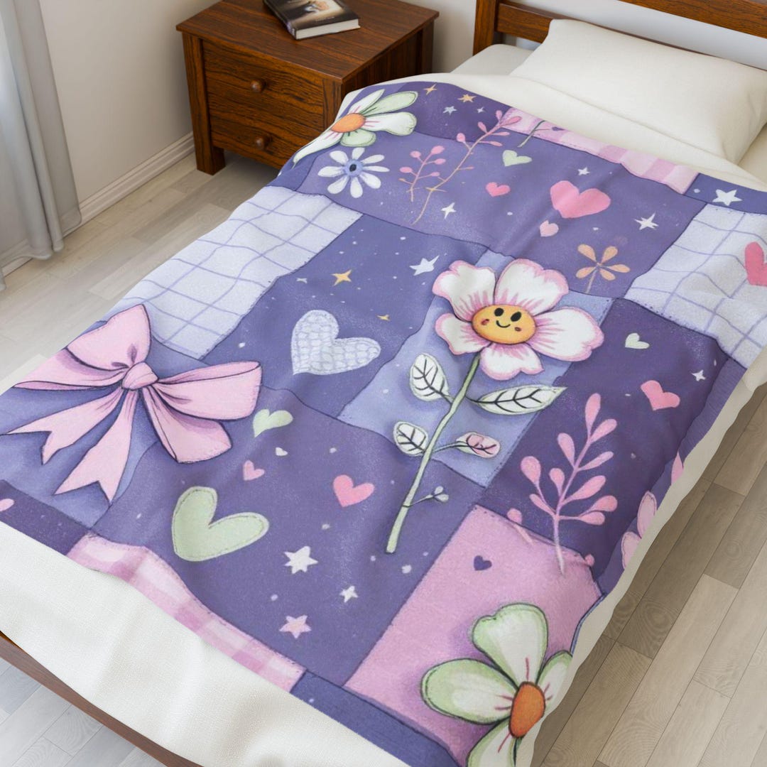 Girls Blanket With Flowers and Bows, Floral Patchwork Blanket, Soft ...
