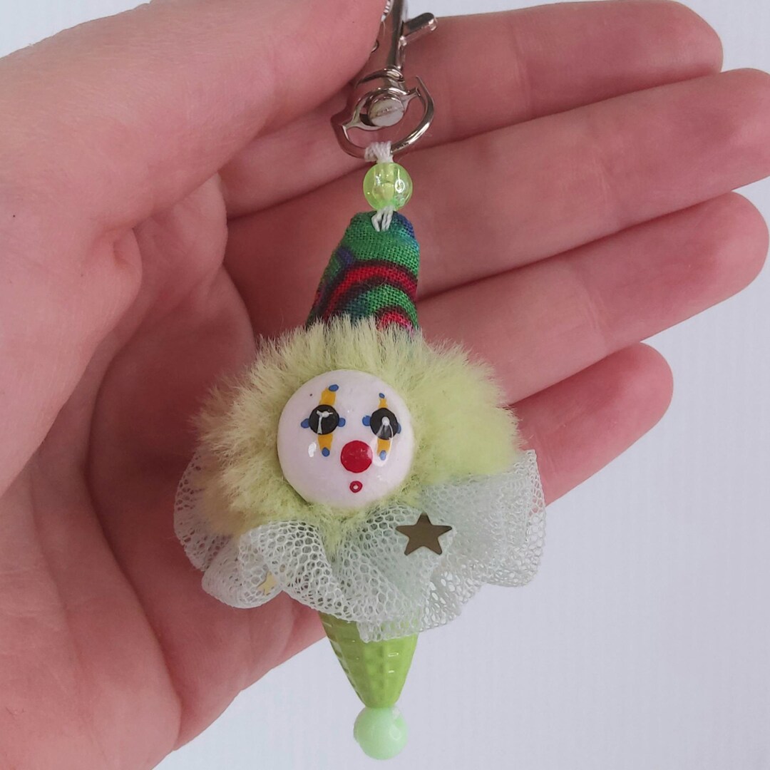 Handpainted Wooden Clown Face Keyring Bag Charm Green Handmade in ...