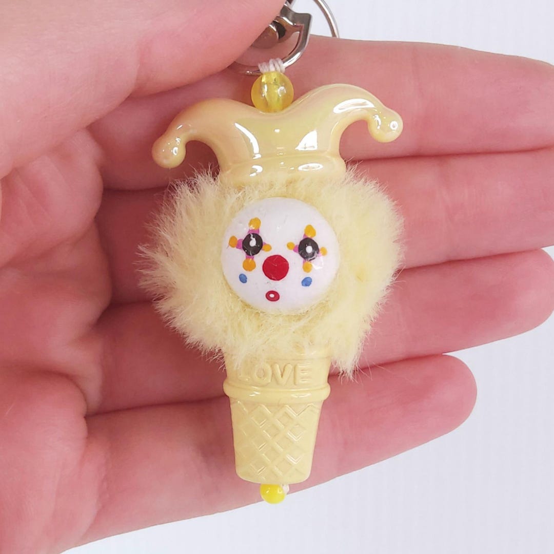 Handpainted Wooden Clown Face Keyring Bag Charm Yellow Handmade in ...