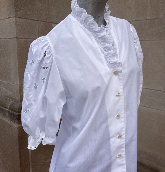 Vintage 60s White Blouse with Eyelet and Ruffle Neck … - Gem