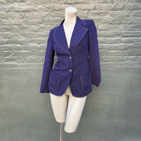 Vintage 70s Sporty Blue Blazer with White Stitching … - Gem