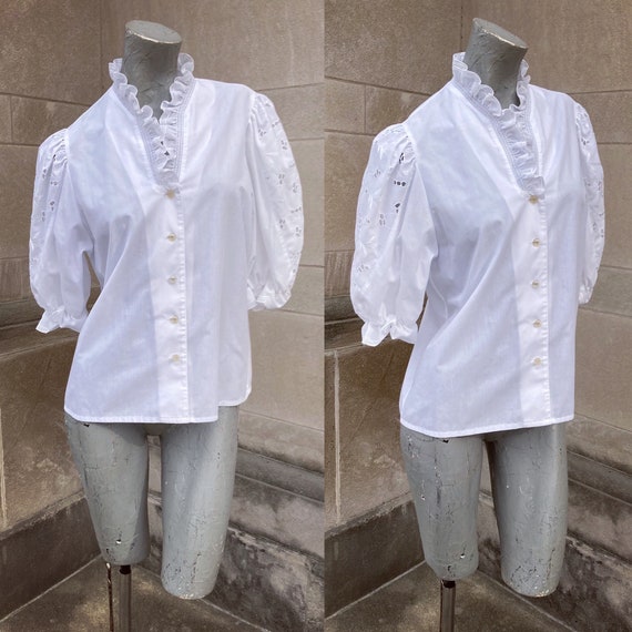 Vintage 60s White Blouse with Eyelet and Ruffle Neck … - Gem