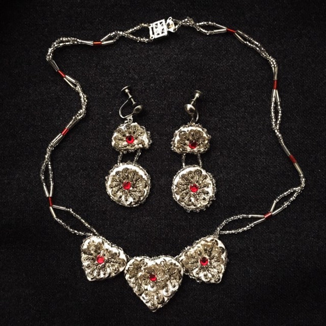 Vintage 40s 50s Rare Handmade Ruby Red Rhinestone Silver Sequin Beaded ...