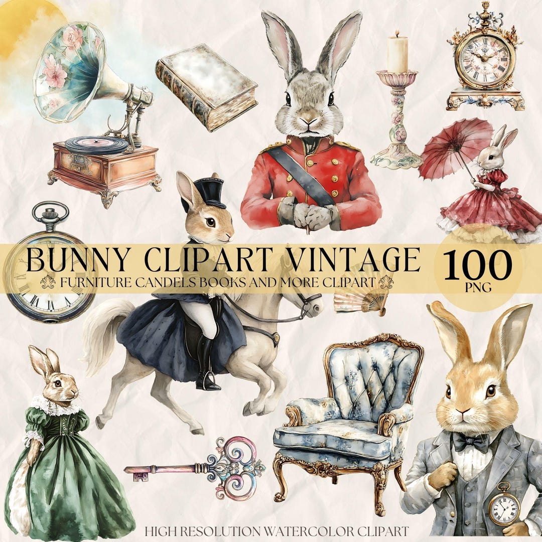 Vintage Bunny Clipart Bundle PNG Watercolor Rabbit Illustrations Cute ...
