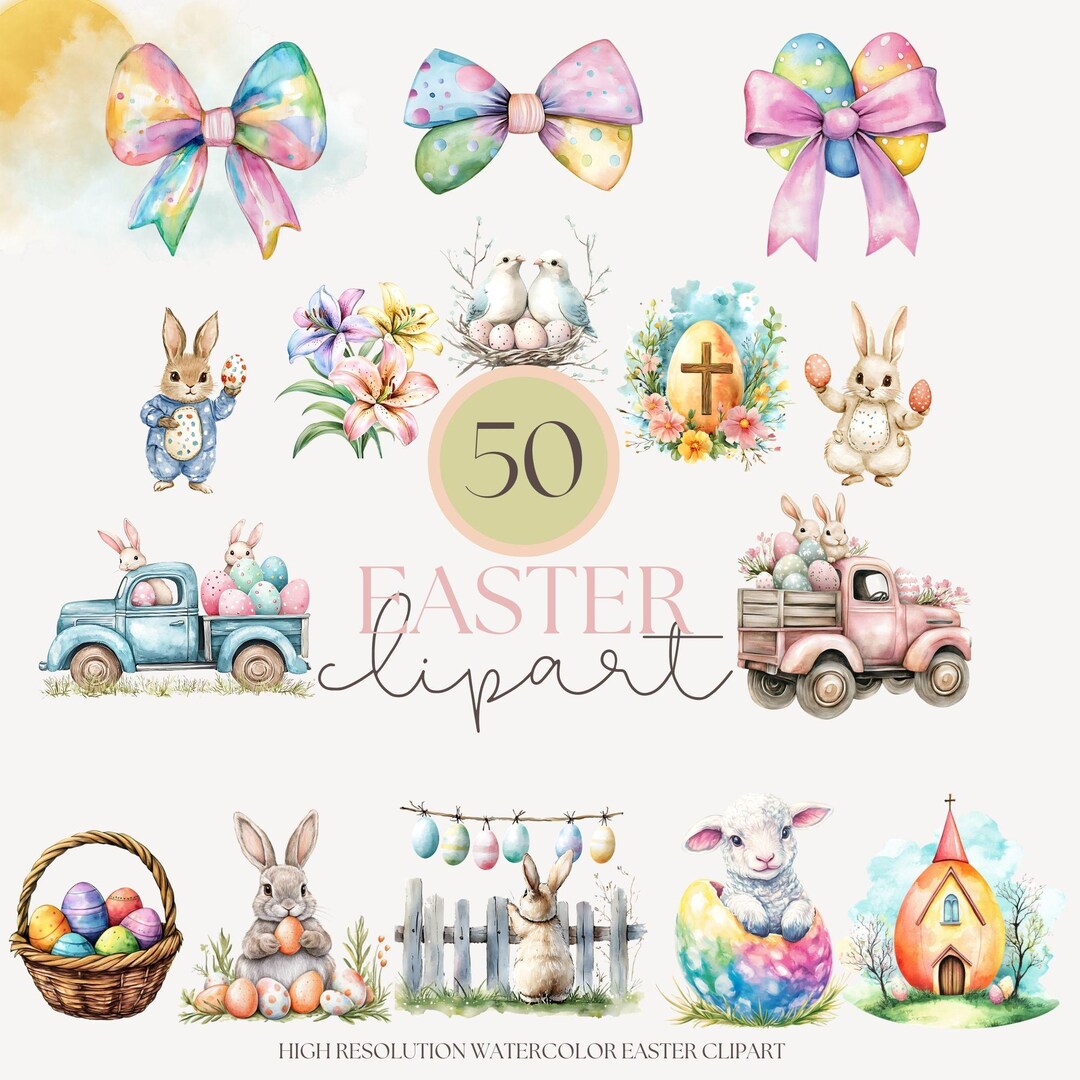 Bunny Clipart Spring Watercolor Cute Easter PNG Bundle Vintage Pastel ...