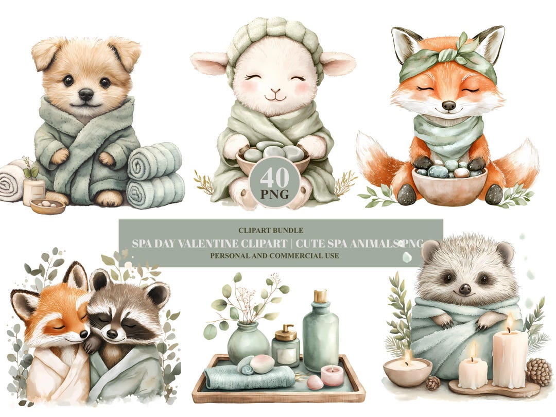 Spa Day Valentine Clipart | Cute Spa Animals PNG - Etsy