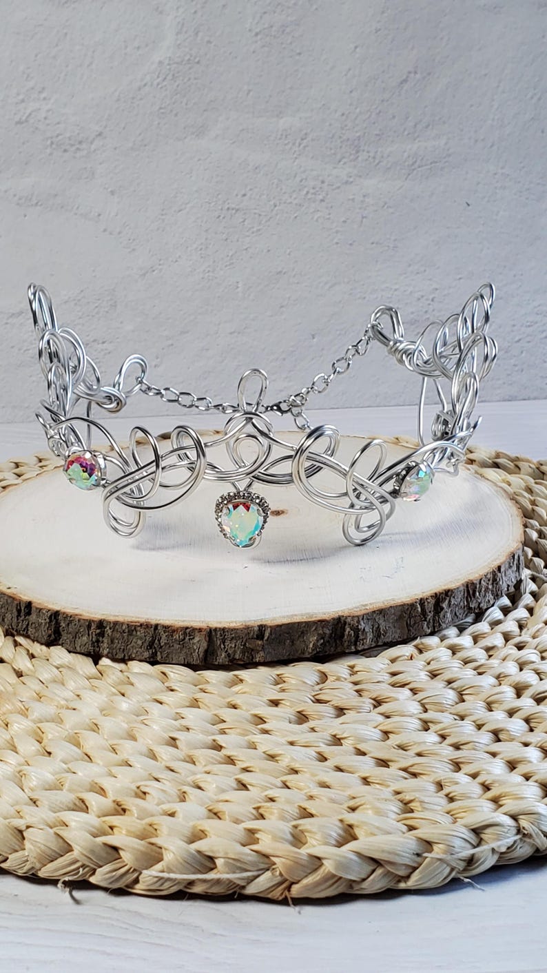 Silver WIRE WRAPPED Elven CROWN Tiara Coronet Iridescent Gemstones ...