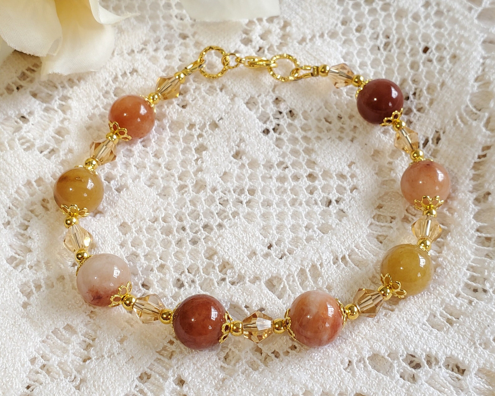 Flower Jade Gemstone and Crystal Bracelet Set, Gemstone Bracelet and ...