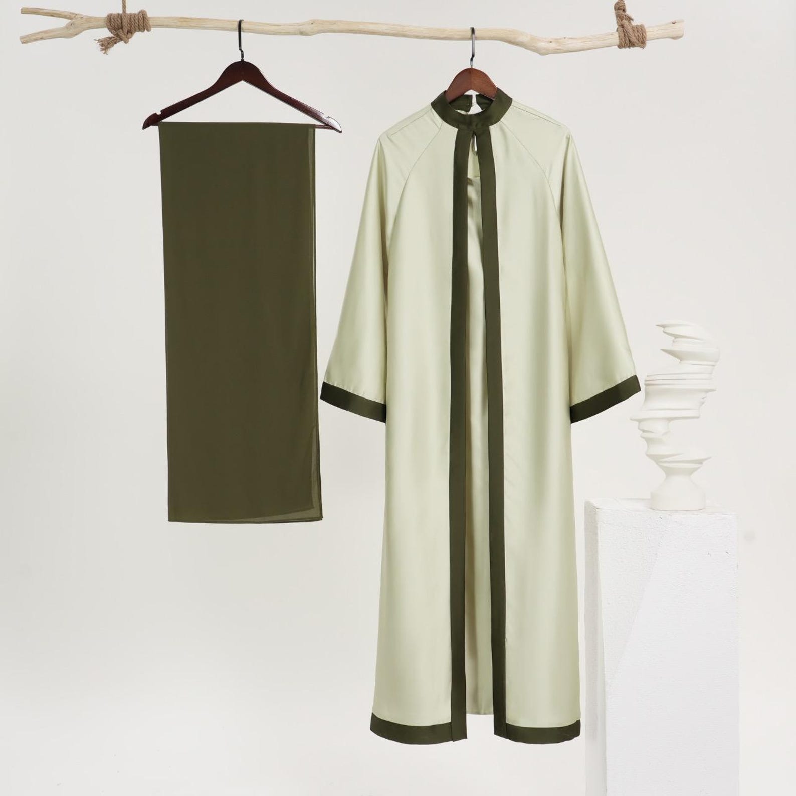 Style With This High Neck Color Block 2-pc Abaya Set in Olive Mist or ...