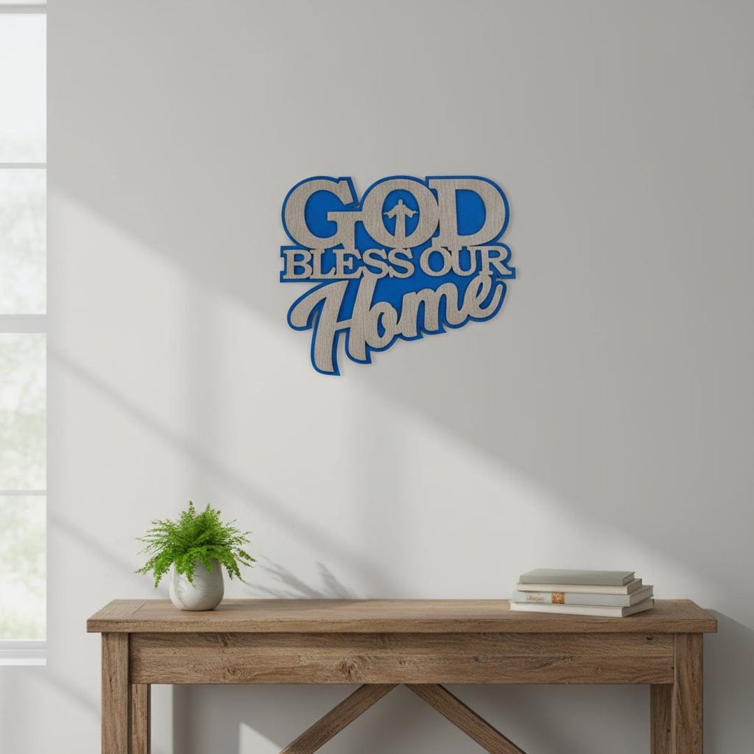 God Bless Our Home Wooden Wall Decor – Hand-painted Blue Laser-cut Wood ...