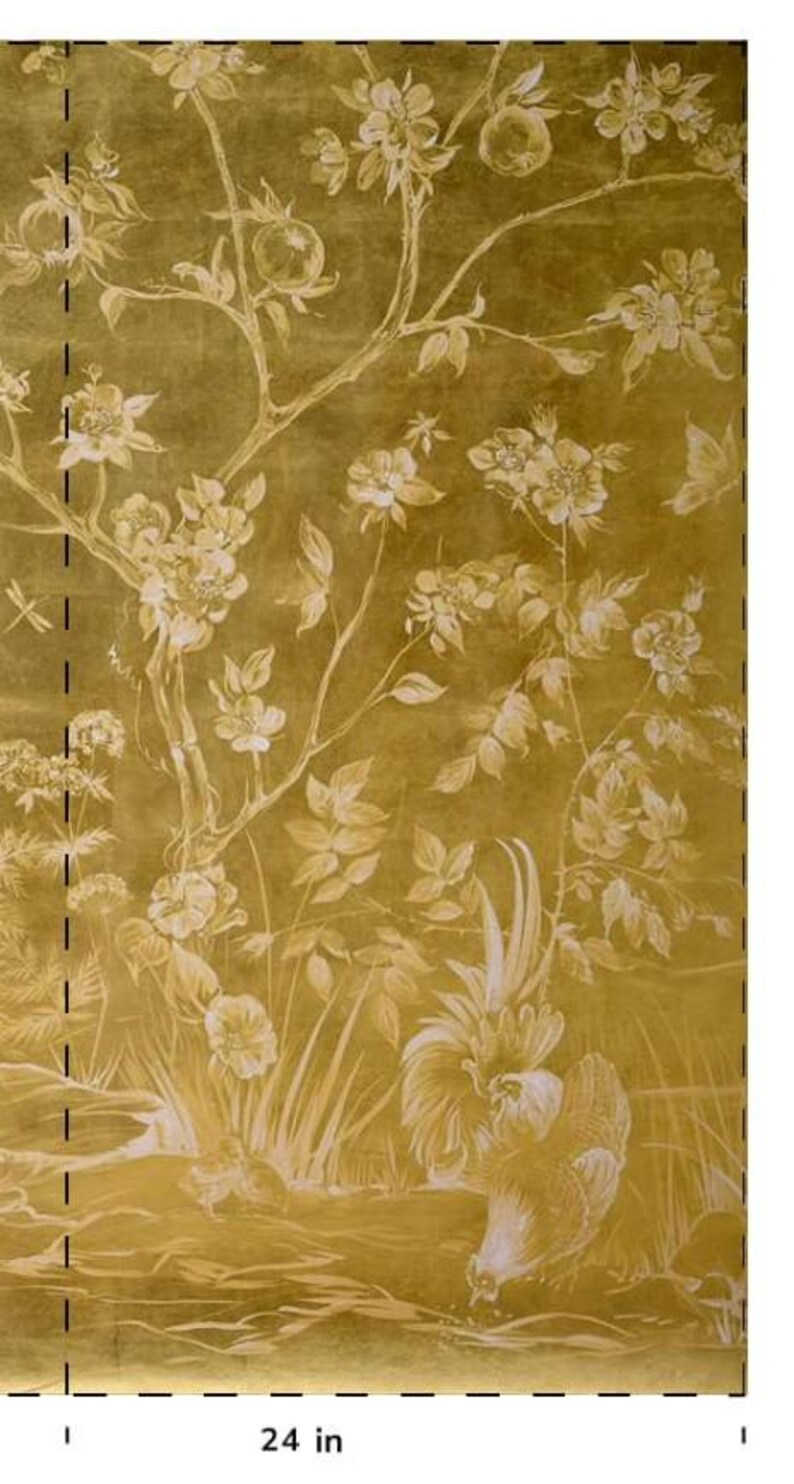 Hand-painted Gold Chinoiserie Wallpaper – Botanical Bird Triptych Wall ...
