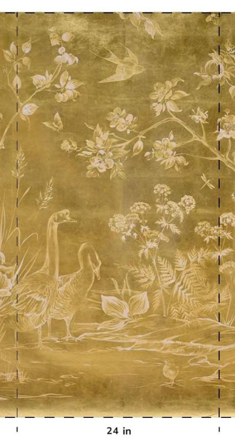Hand-painted Gold Chinoiserie Wallpaper – Botanical Bird Triptych Wall ...