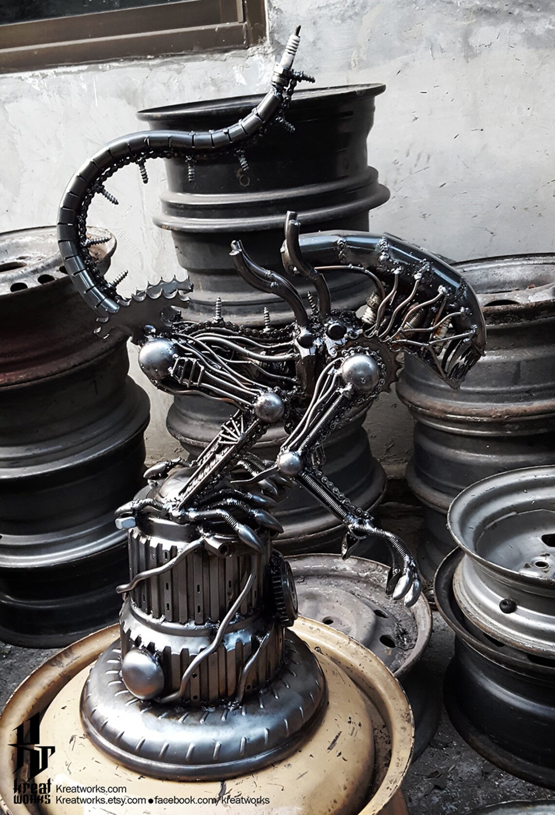 Recycled Metal Crouching Monster on Pillar | Etsy UK