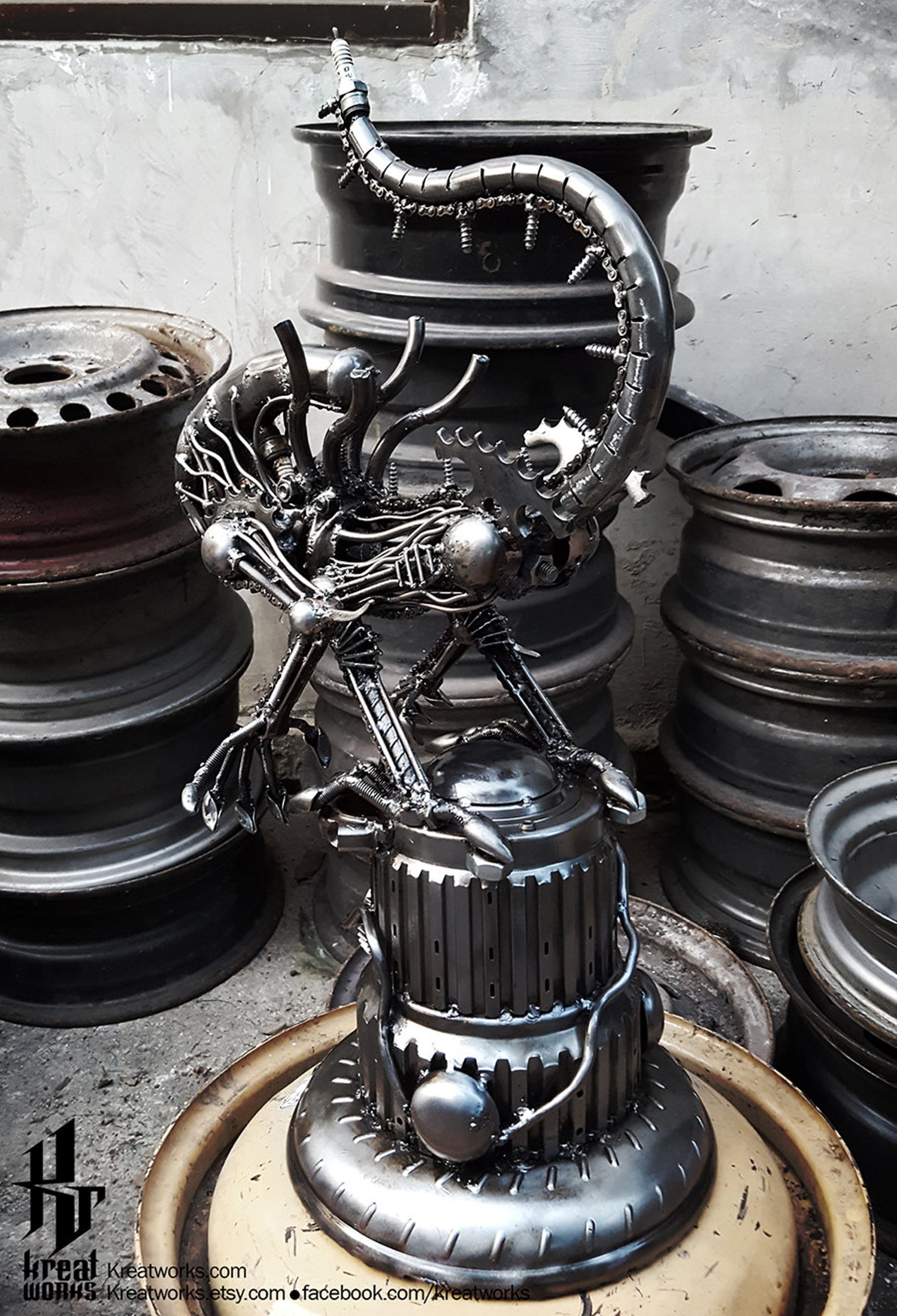 Recycled Metal Crouching Monster on Pillar | Etsy UK