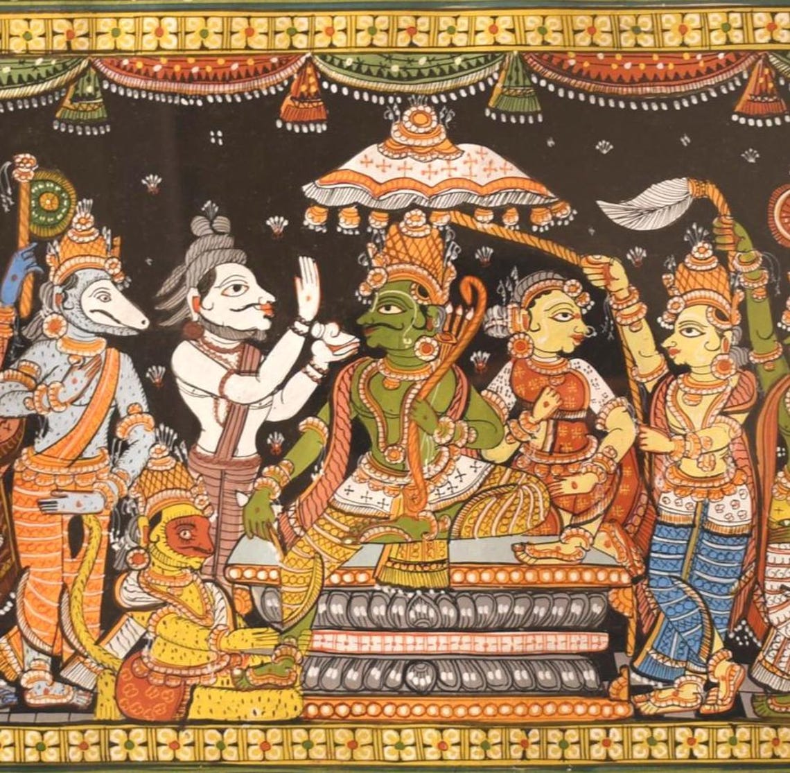Lord Rama Darbar, Rama Sita Hanuman Laxmana Pattachitra Art (with Frame ...