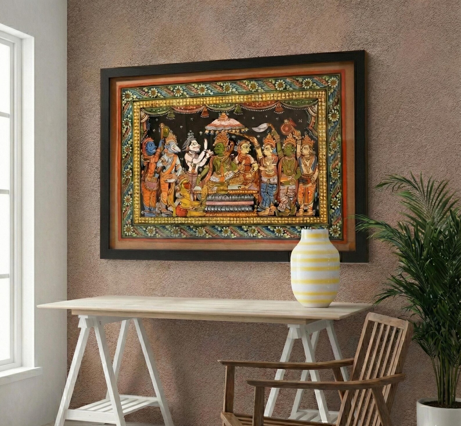 Lord Rama Darbar, Rama Sita Hanuman Laxmana Pattachitra Art (with Frame ...