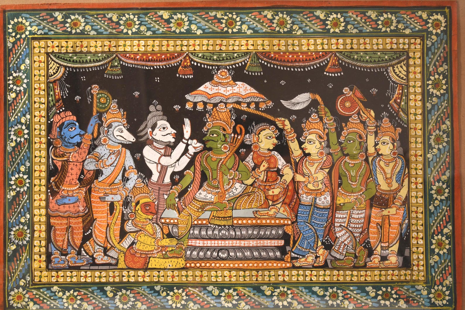 Lord Rama Darbar, Rama Sita Hanuman Laxmana Pattachitra Art (with Frame ...