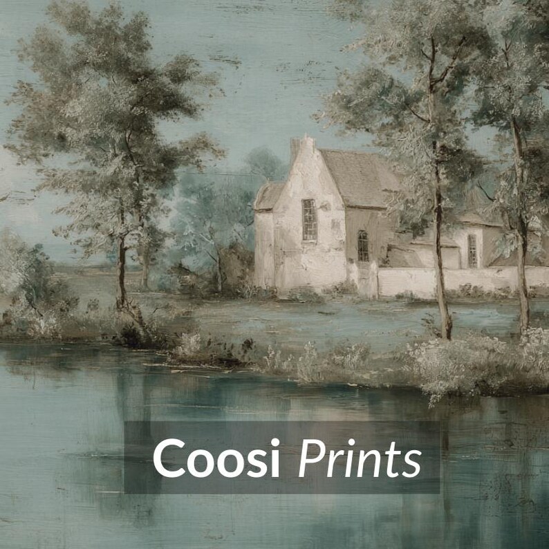 Antiek landhuis aan het water – rustig landschap in vintage-stijl ...