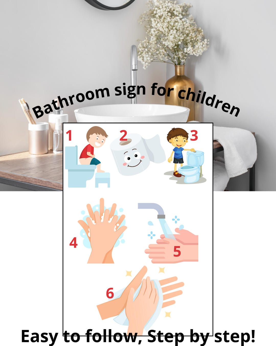 Children's Hand Hygiene Poster: Toilet Routine Steps Home and School ...
