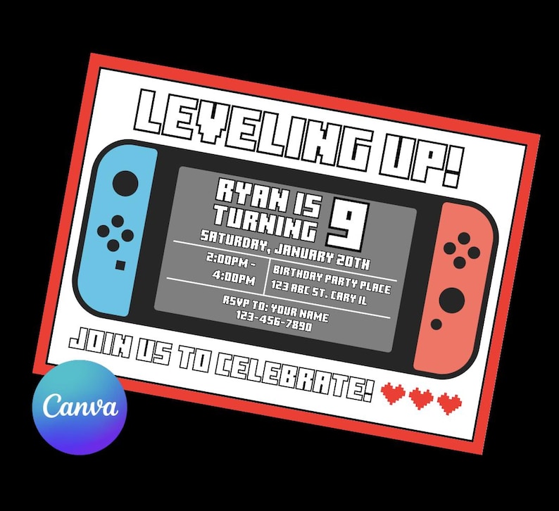 EDITABLE Level up - Gamer - Video Game Birthday Invite - Canva Template ...