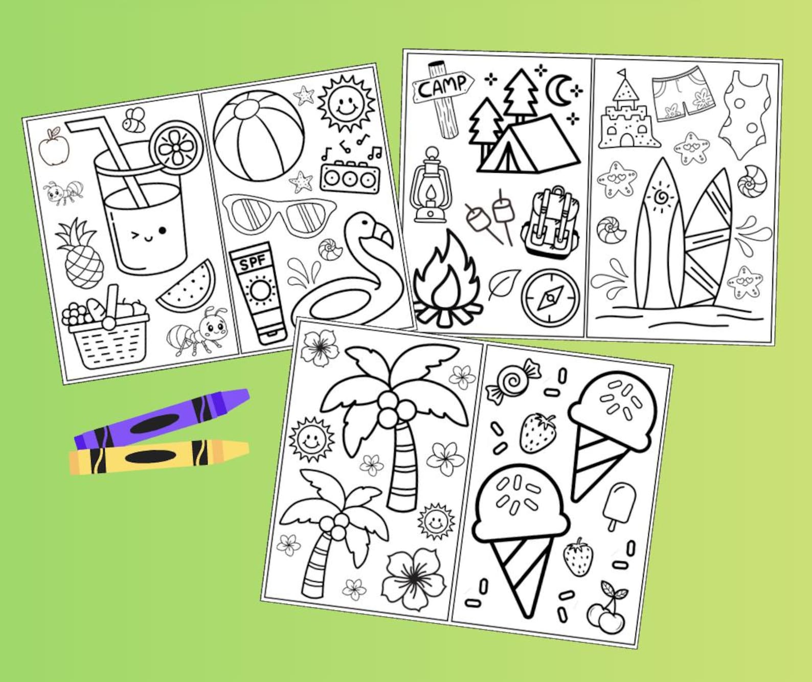 12 Designs - Summer Coloring Pages for Kids – Cute Beach & Camping ...