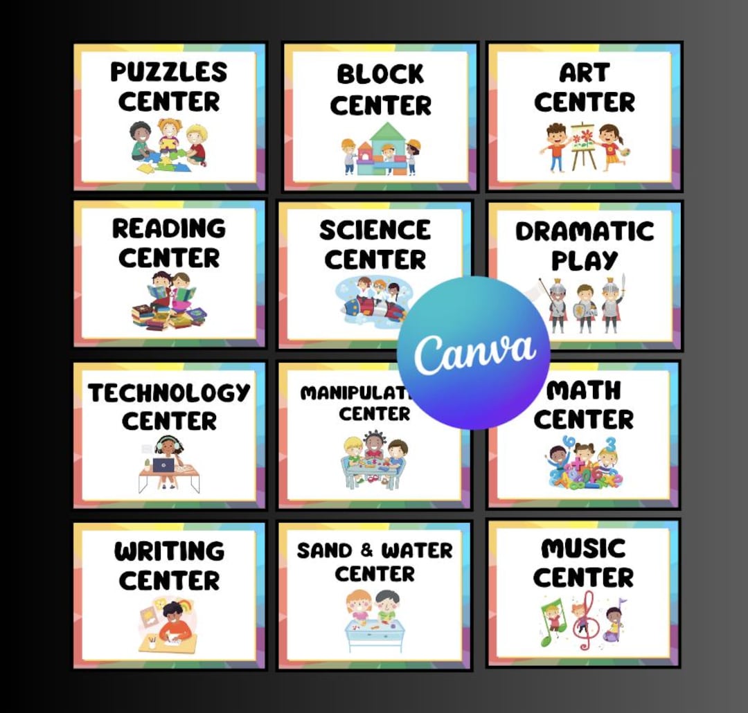 Canva PRO - EDITABLE 12 Colorful Center Signs for Preschool - Childcare ...