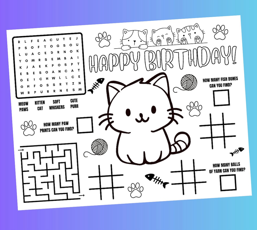Cute Cat - Themed Puzzles - Activity Placemat - Word Search - Birthday ...