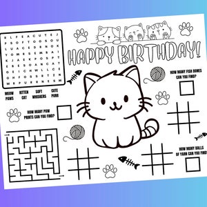 Cute Cat - Themed Puzzles - Activity Placemat - Word Search - Birthday ...