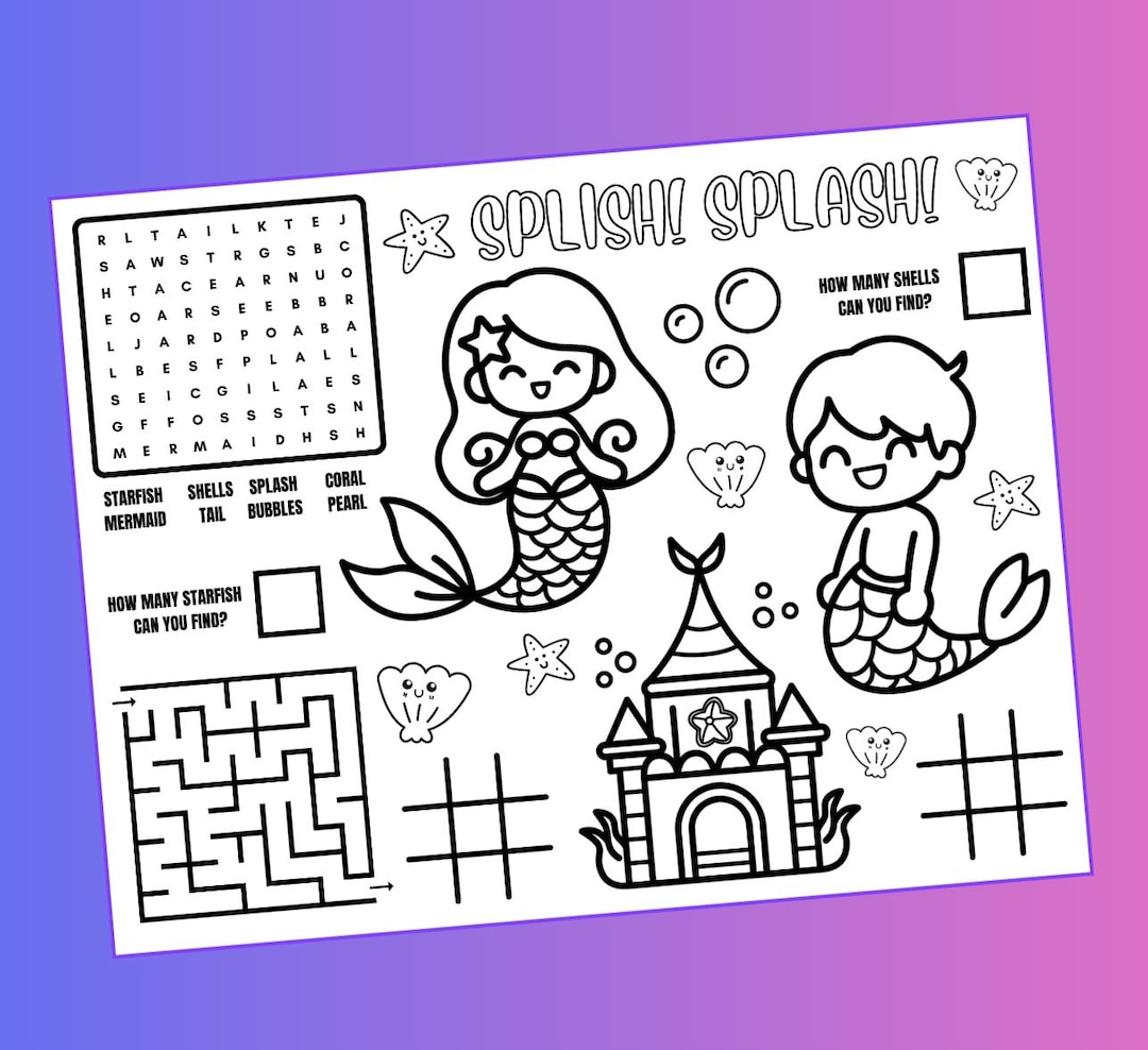 Mermaid - Themed Puzzles - Activity Placemat - Word Search - Birthday ...
