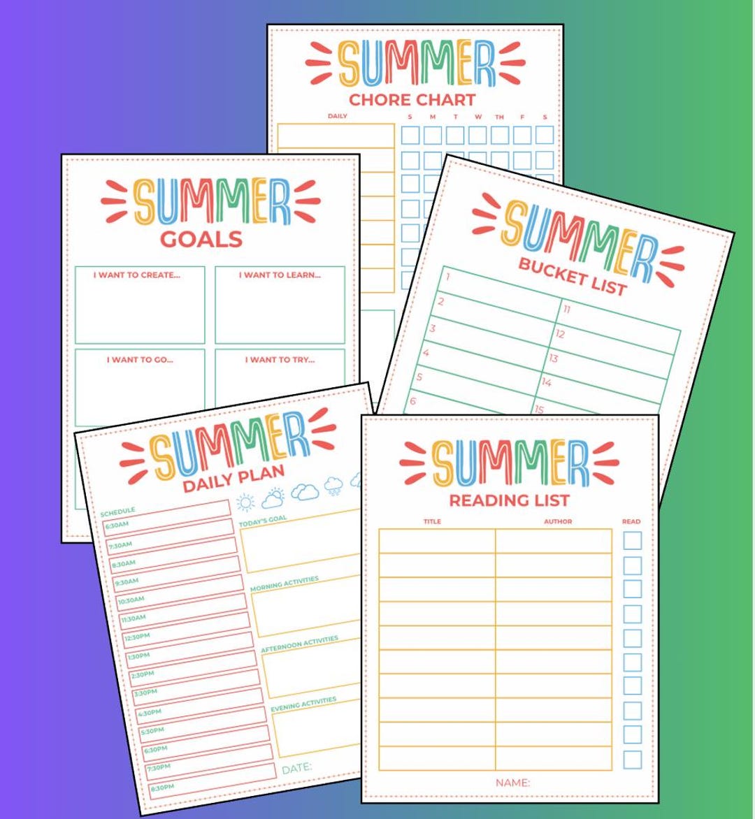 Summer Planner Printable Bundle - Chore Chart, Reading Log, Goal ...