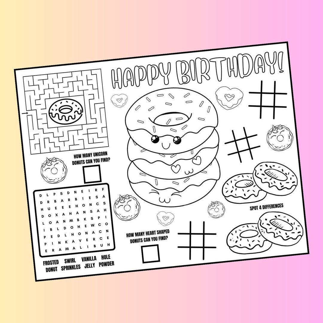 Happy Birthday - Donut Themed Puzzles - Activity Placemat Printable PDF ...