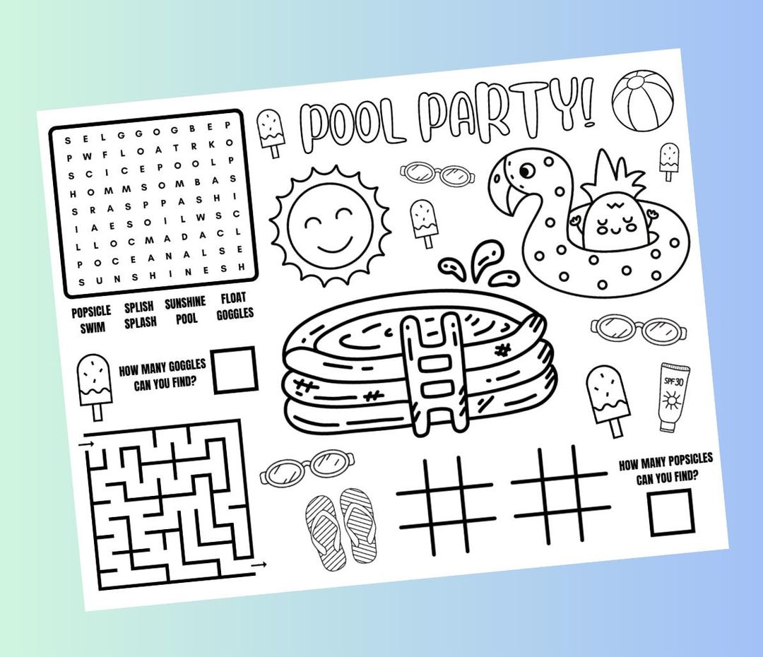 Pool Party - Summer Themed Puzzles - Activity Placemat - Word Search ...