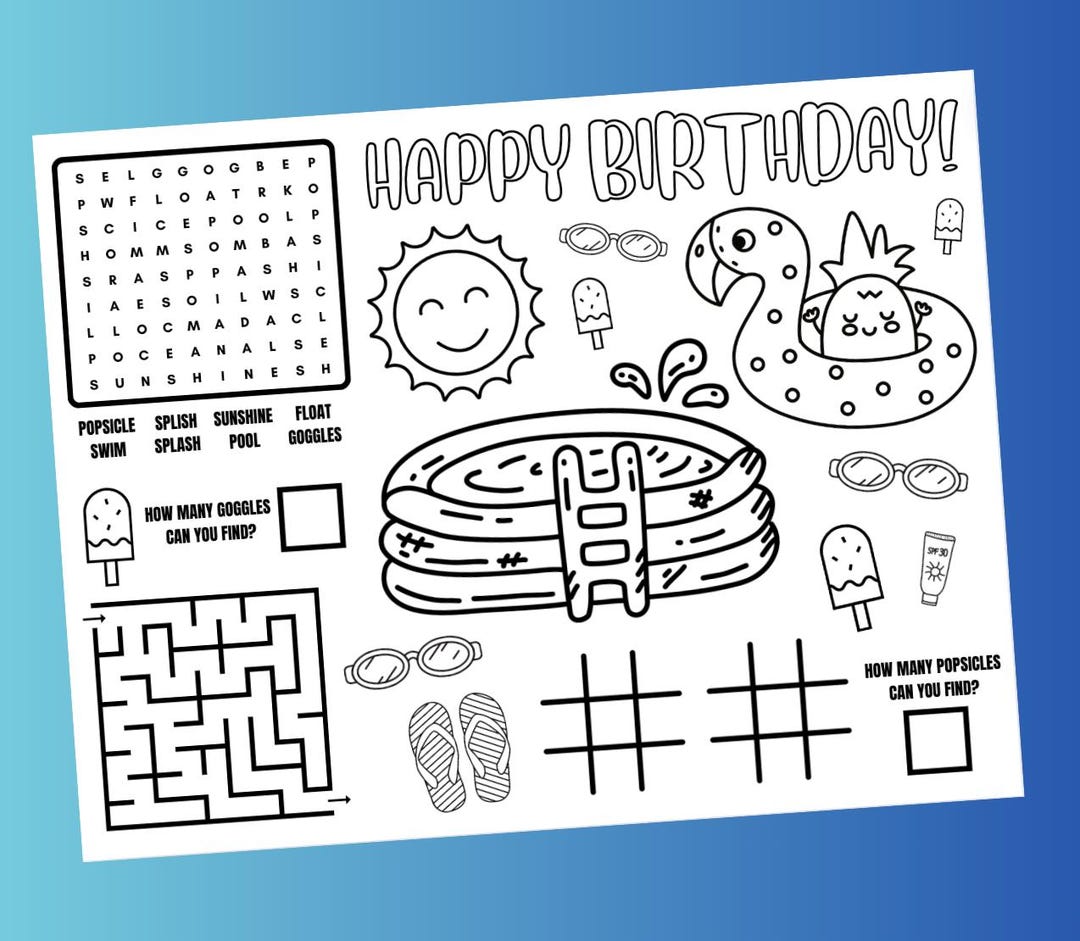 Pool Party - Summer Themed Puzzles - Activity Placemat - Word Search ...