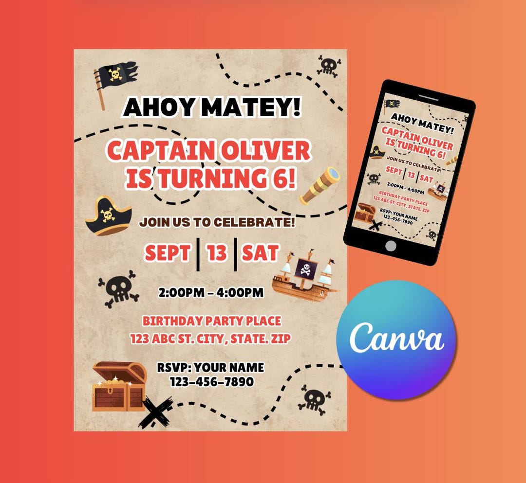 EDITABLE - Pirate Themed - Birthday Invite - Digital - Canva Template ...