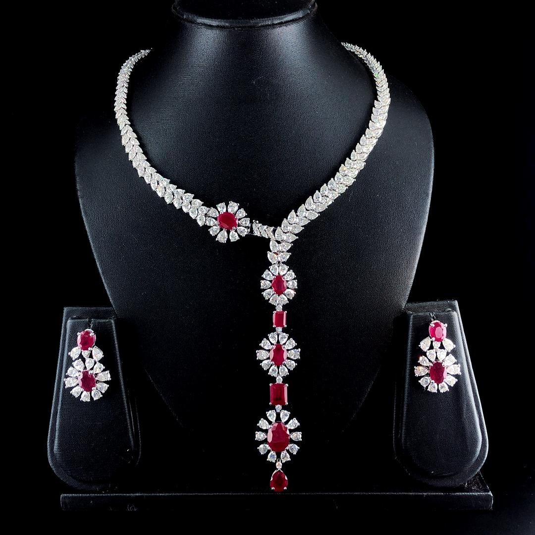 Ruby Red & Pink Stone Necklace Set: Lab Grown Diamond, 925 Silver - Etsy