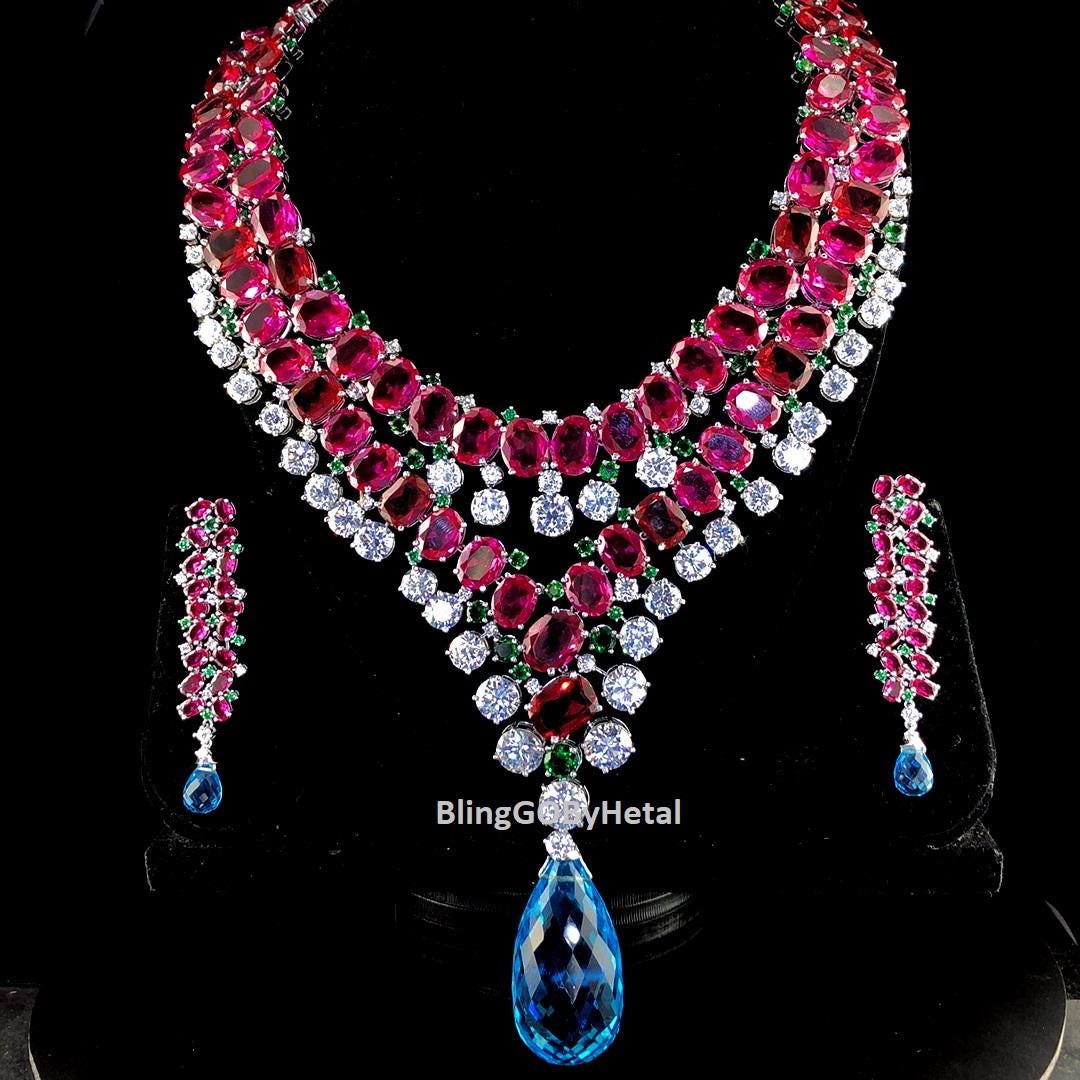 Royal Ruby & Blue Topaz Statement Necklace Set/ Rubby Necklace/ Bridal ...