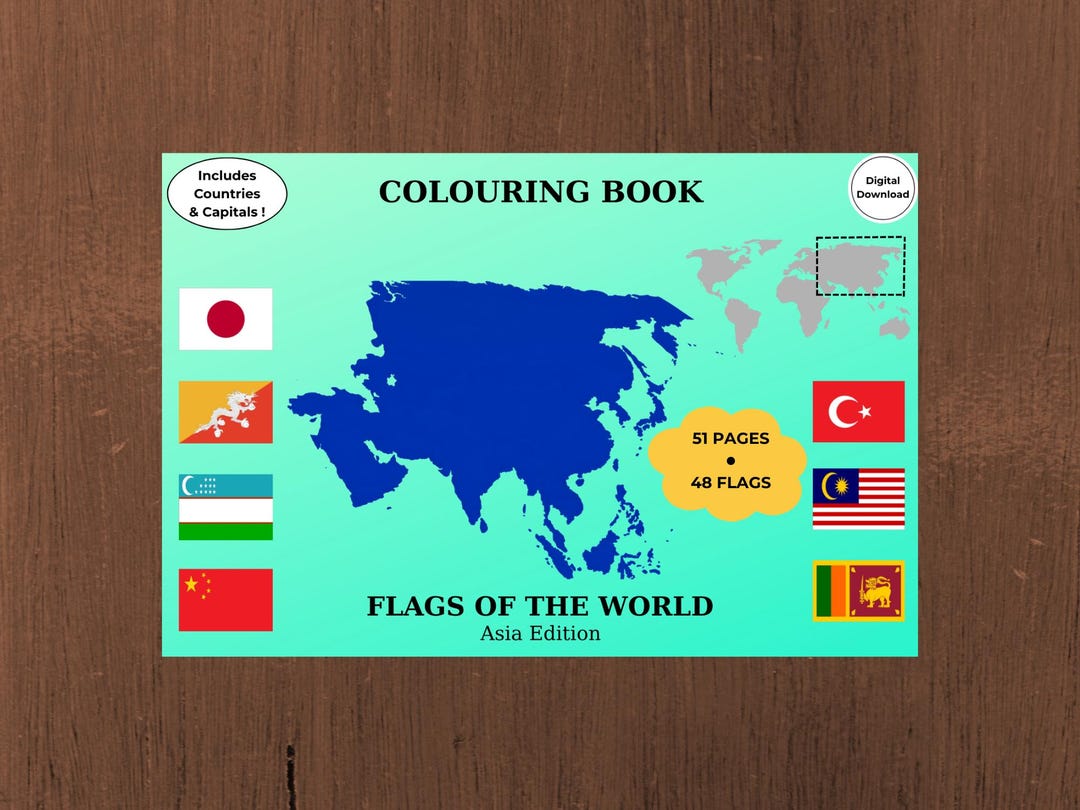 Asia Flags Coloring Book | 48 Countries & Capitals | Map + Certificate ...