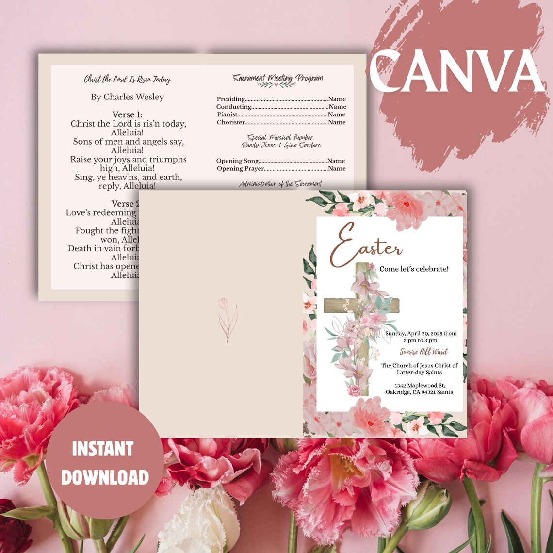 Sunday Church Program Template | Pink Floral Printable | LDS Church ...