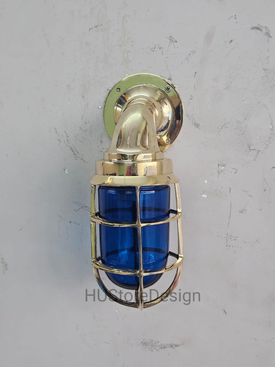 Solid Brass Marine Bulkhead Wall Light – Brass Cage Sconce With Blue ...