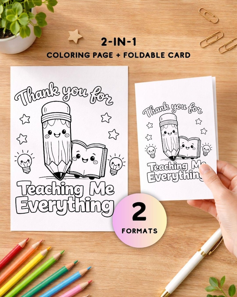 Kawaii Teacher Coloring Card | Thank You Pencil Book (digital Download ...