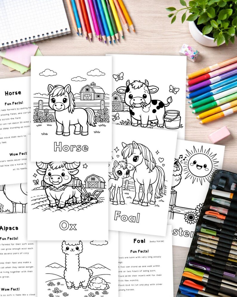 Kawaii Farm Animals Coloring Book for Kids | Fun Facts, 80 Pages (PDF ...