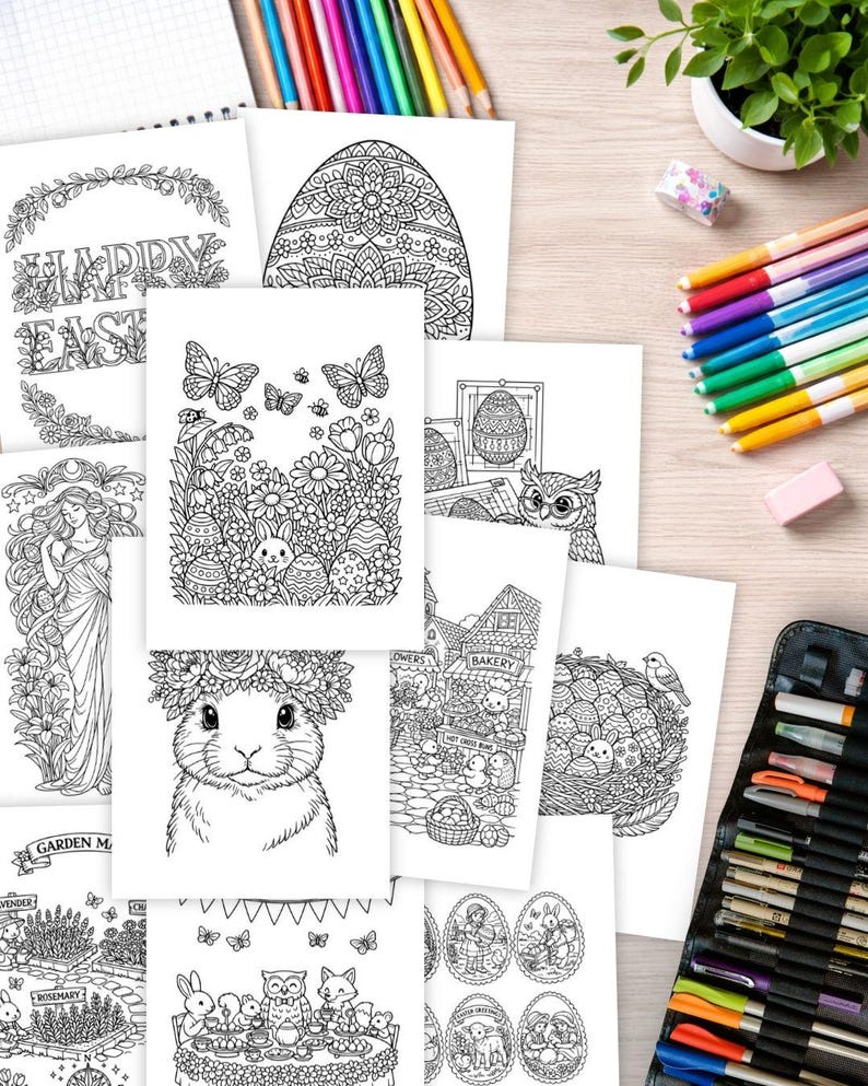 Bunnies in Bloom Easter Coloring Pages for Adults Printable | Floral ...
