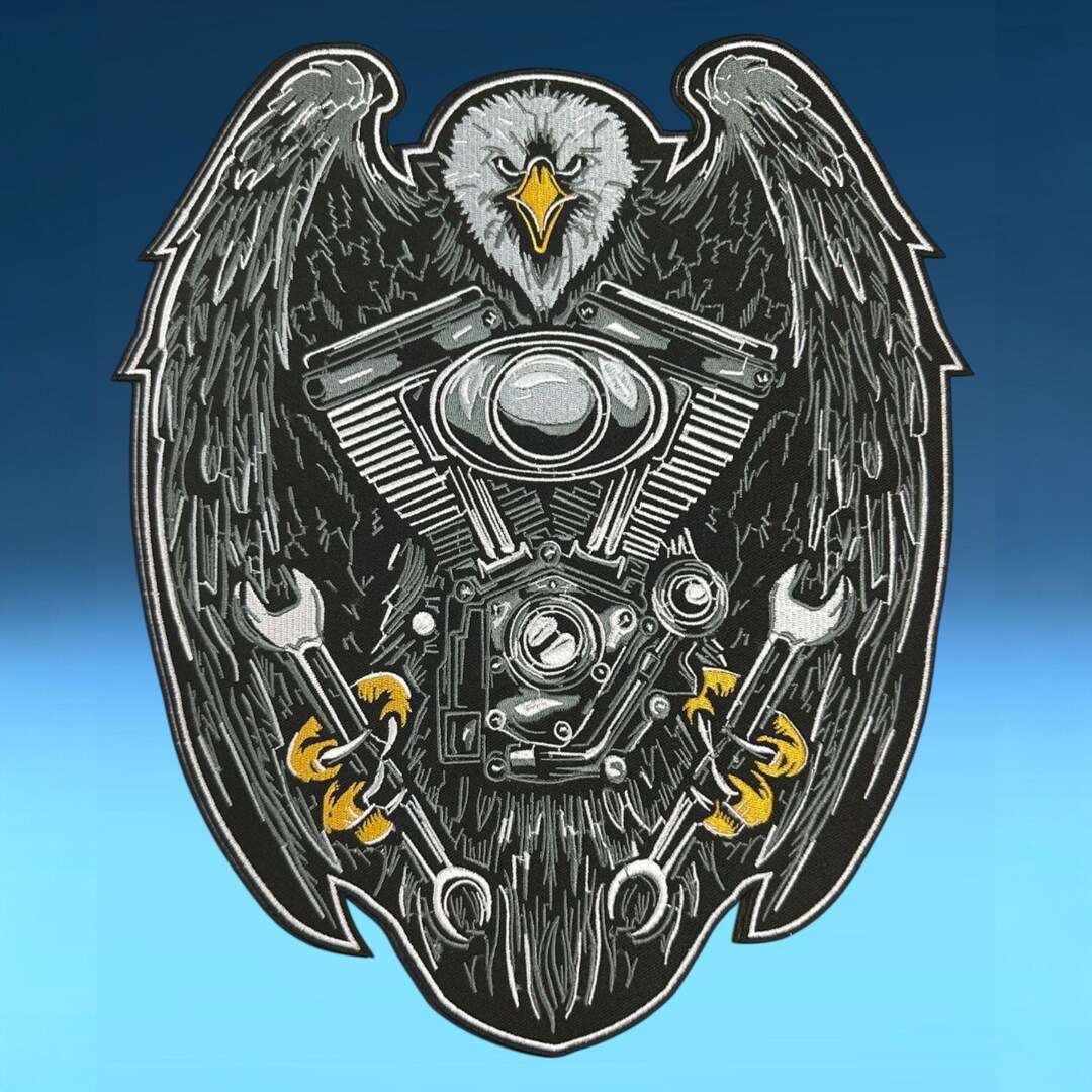 Large Eagle Biker Patch, Engine and Tools Design, Motorcycle Embroidery ...
