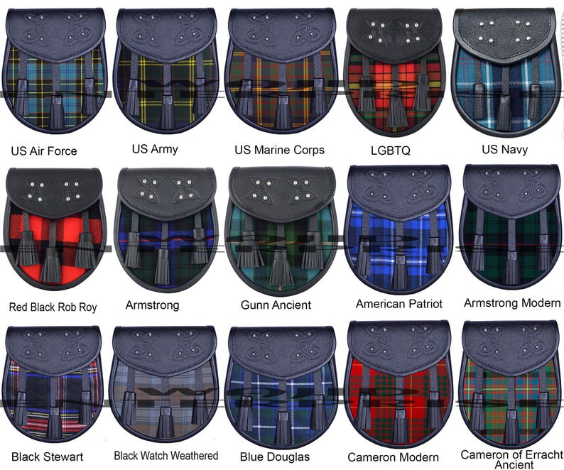 Handmade Scottish Kilt Sporran: Black Leather & Tartan Purse With Chain ...