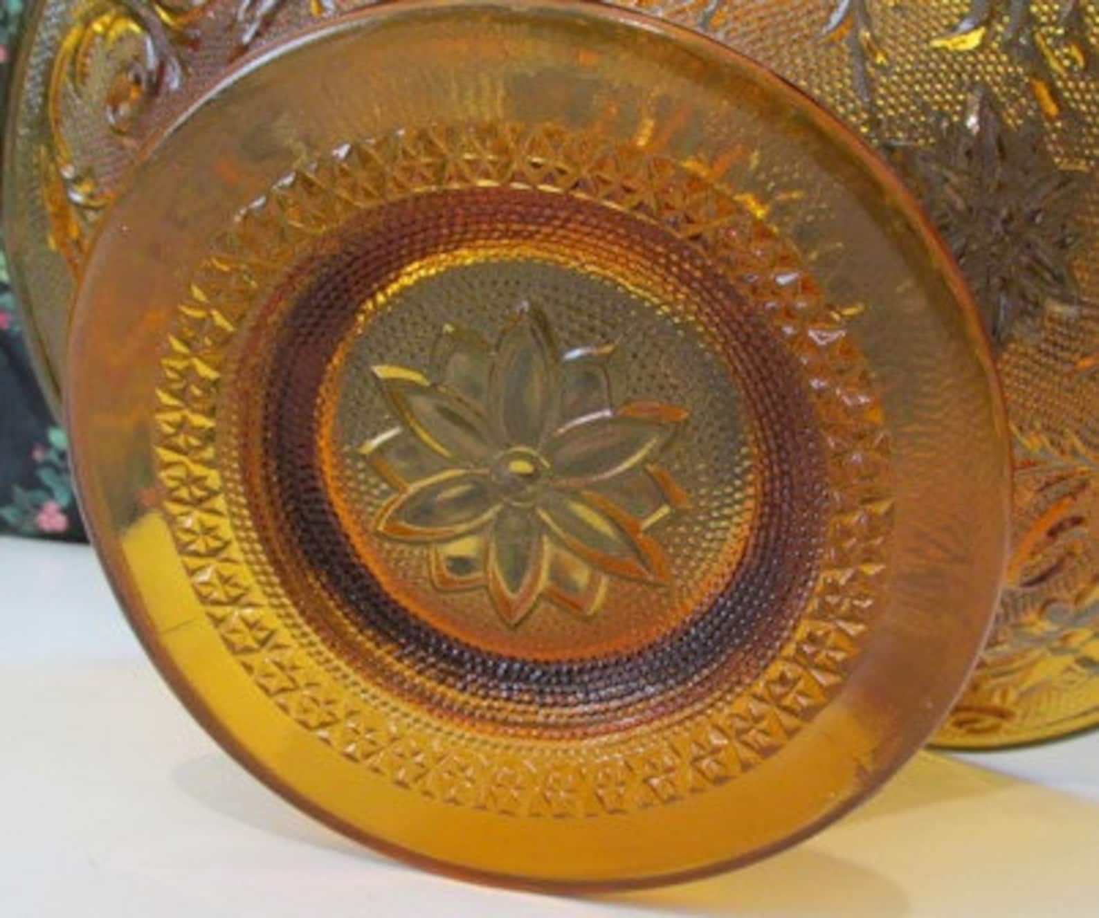 Vintage Indiana Glass Tiara Amber Sandwich Pattern Large 10 1/2 Handle ...