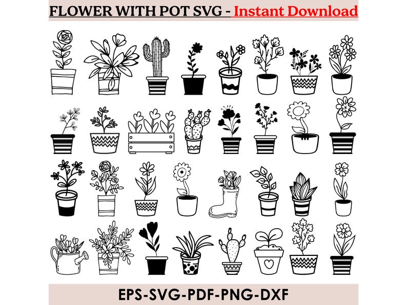 Flowers Pot Svg, Flower Outline, Flower Pot Cut File, Flower Pot Vector ...